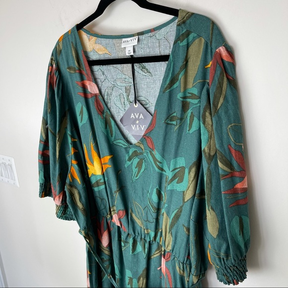 Ava & Viv | Dresses | Nwt Ava Viv Green Floral Linen Blend Dress 4x ...